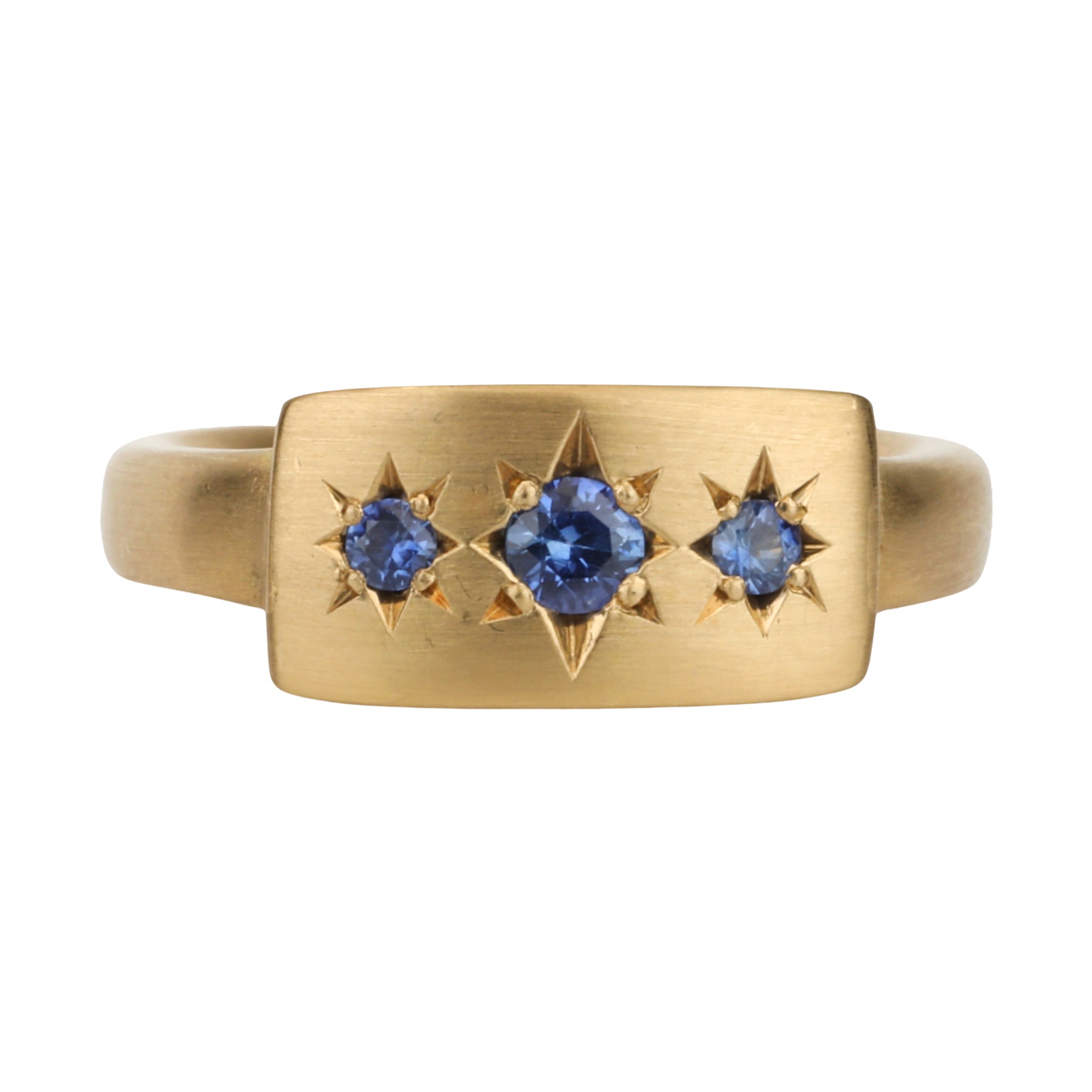 Caroline Ellen 20K Chunky Curved Signet Ring with Three Star-Set Blue ...