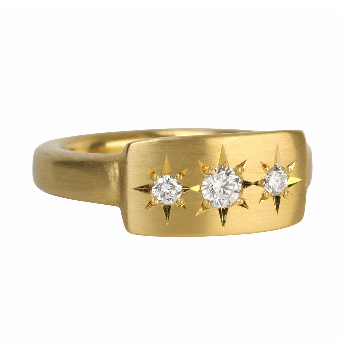 Caroline Ellen 20K Gold Curved Signet Ring with Three Star-Set Diamonds ...