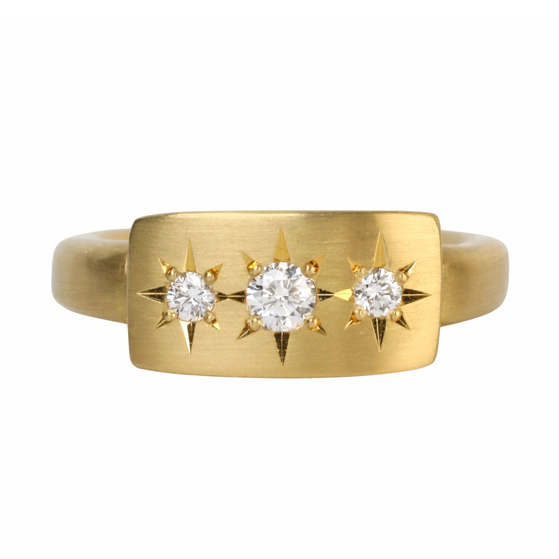 Caroline Ellen 20K Gold Curved Signet Ring with Three Star-Set Diamonds ...